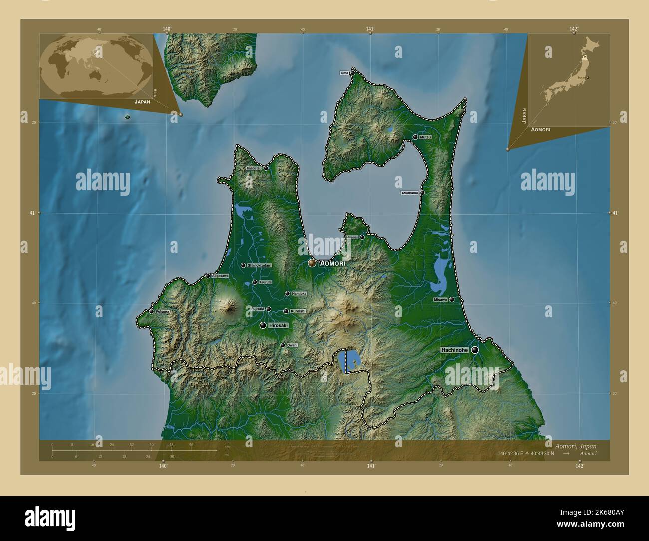 Aomori, prefecture of Japan. Colored elevation map with lakes and ...