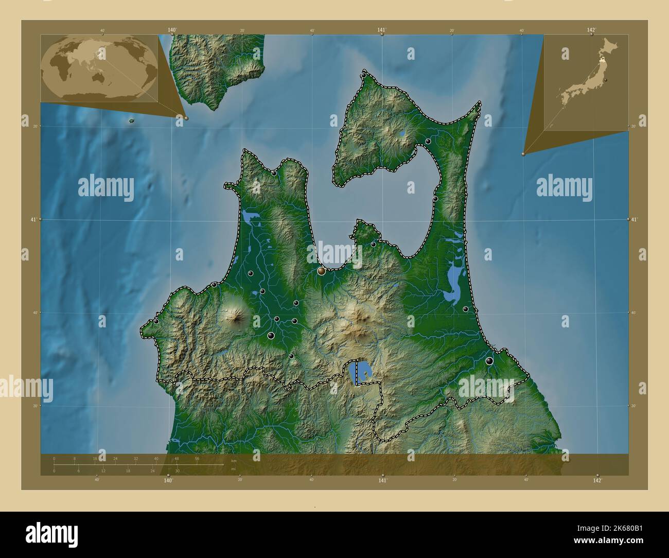 Aomori, prefecture of Japan. Colored elevation map with lakes and ...