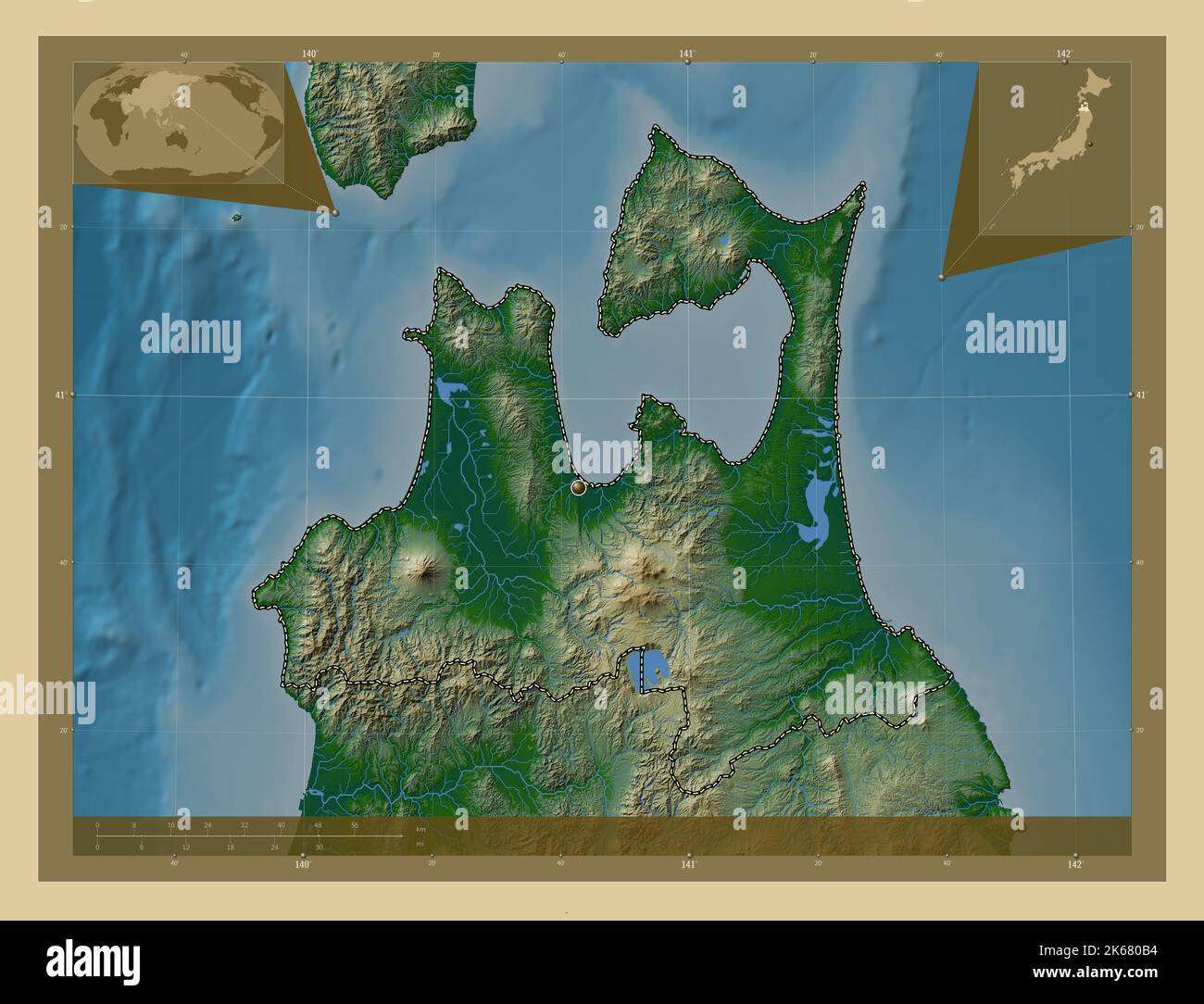 Aomori, prefecture of Japan. Colored elevation map with lakes and ...