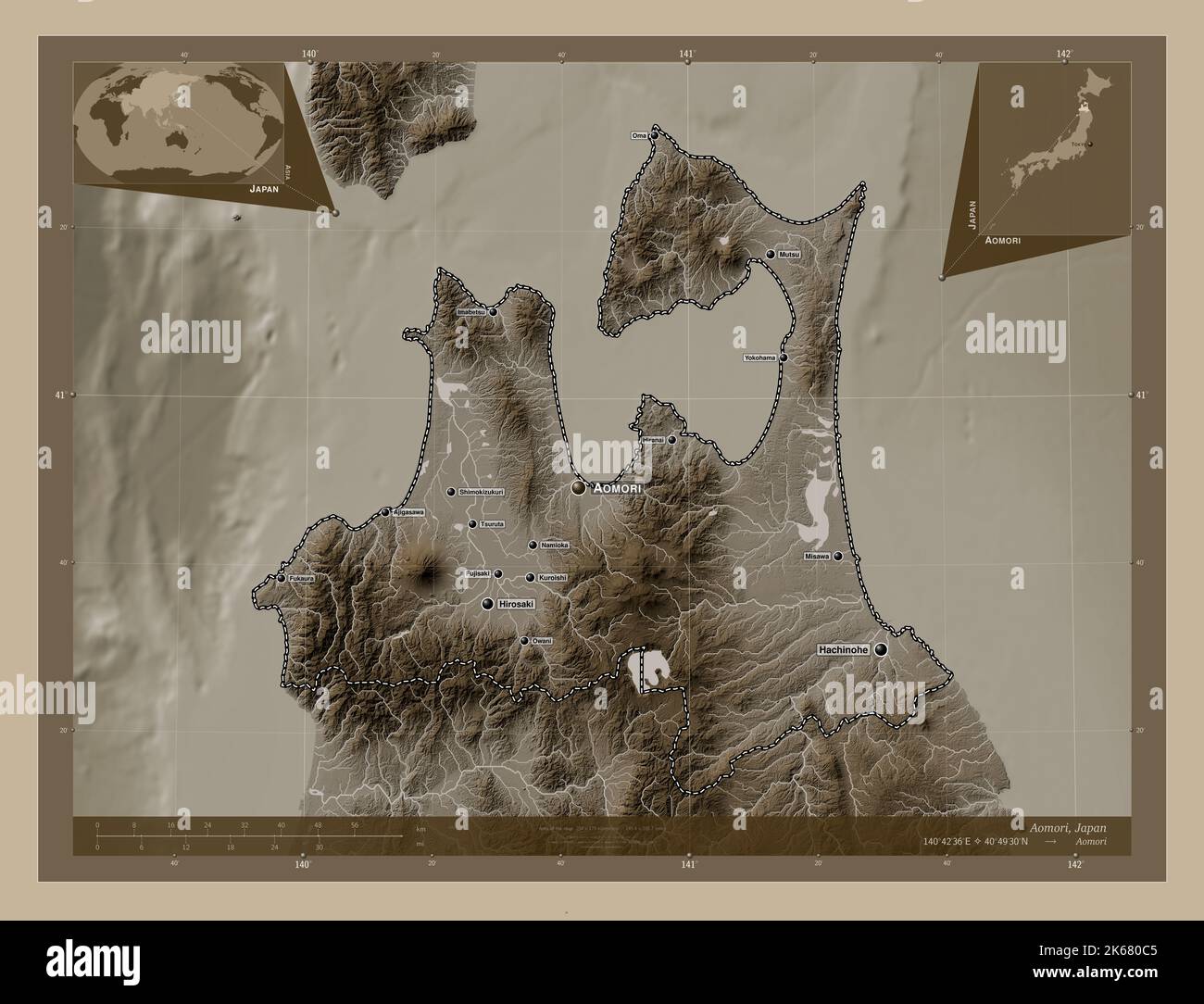 Aomori, prefecture of Japan. Elevation map colored in sepia tones with ...