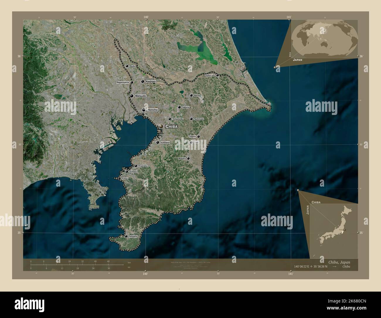 Chiba, prefecture of Japan. High resolution satellite map. Locations ...