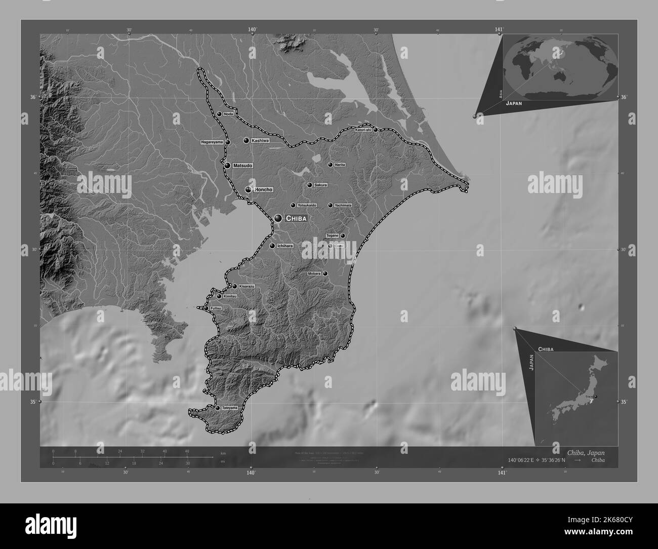 Chiba, prefecture of Japan. Bilevel elevation map with lakes and rivers ...