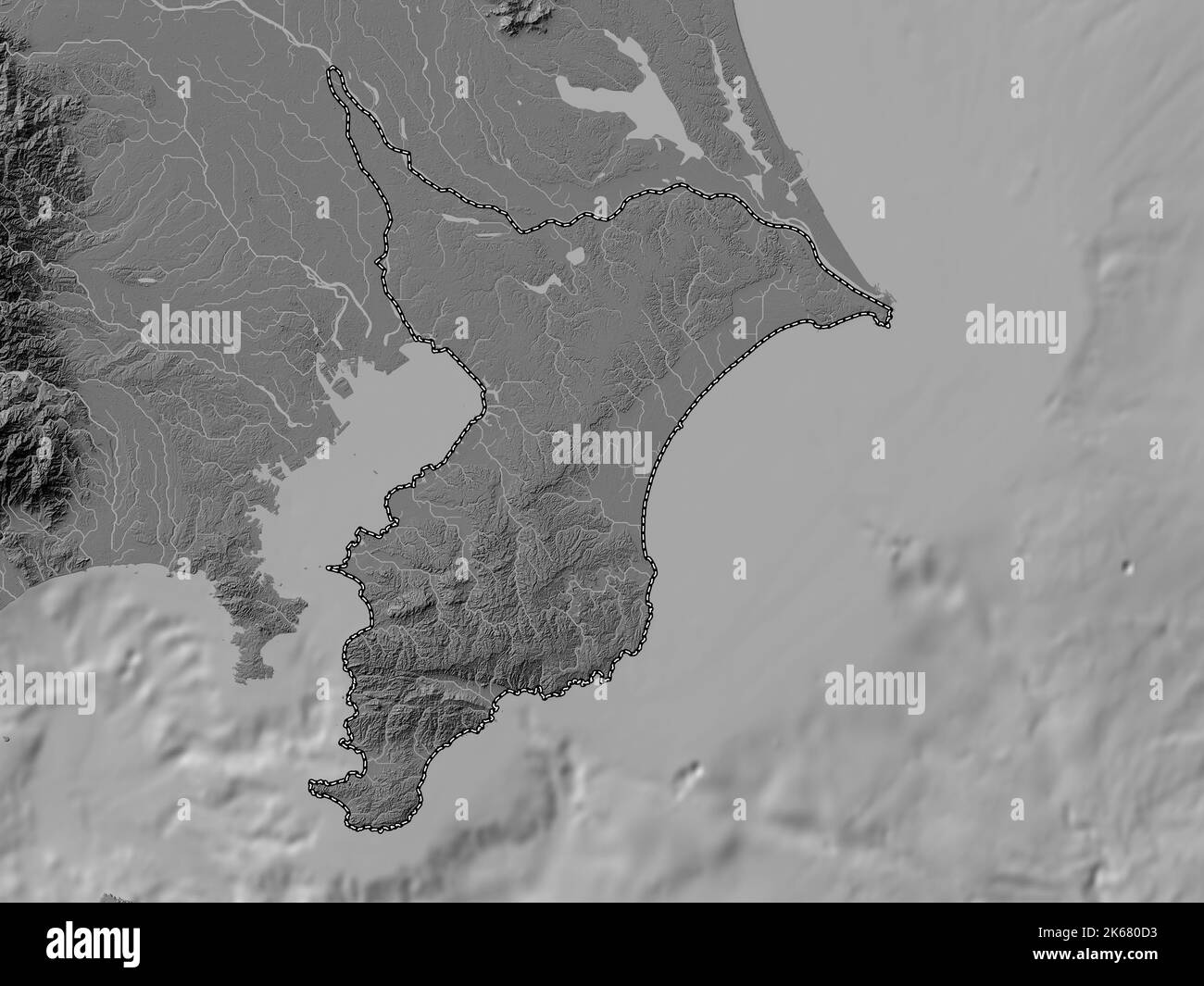 Chiba, prefecture of Japan. Bilevel elevation map with lakes and rivers ...