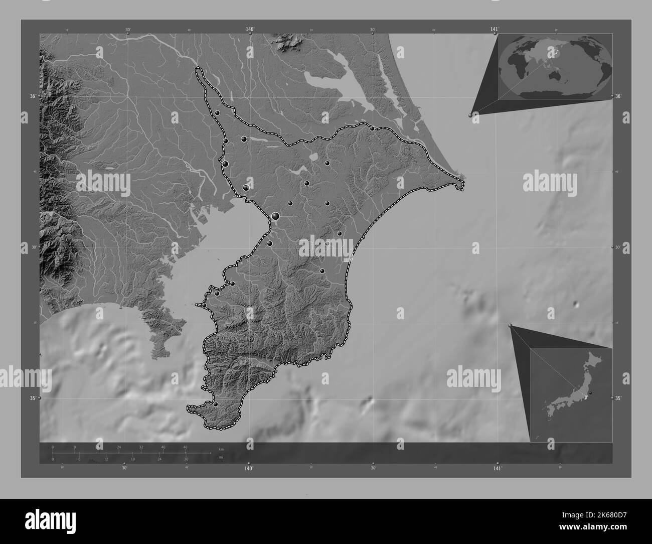 Chiba, prefecture of Japan. Bilevel elevation map with lakes and rivers ...