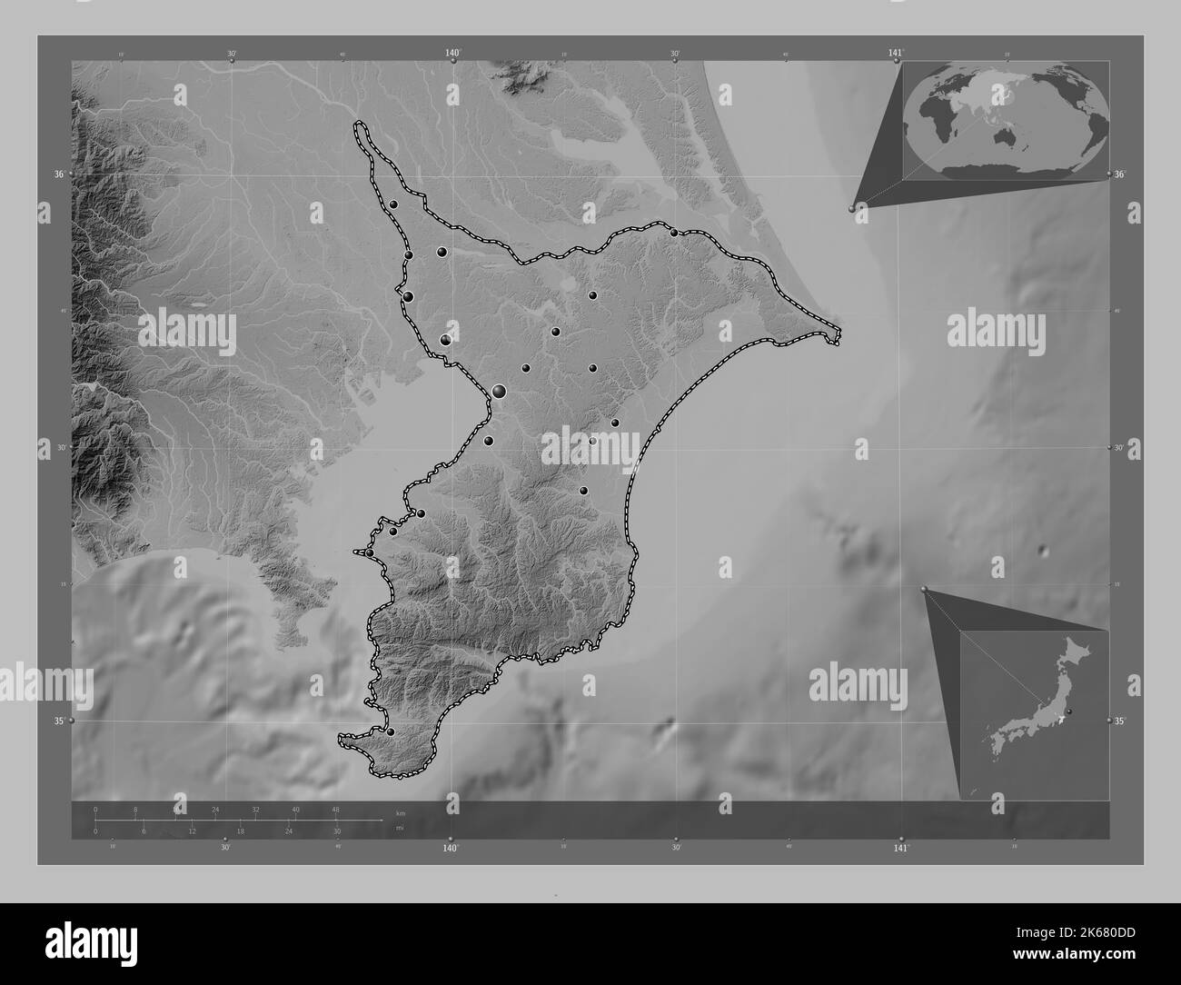 Chiba, prefecture of Japan. Grayscale elevation map with lakes and ...