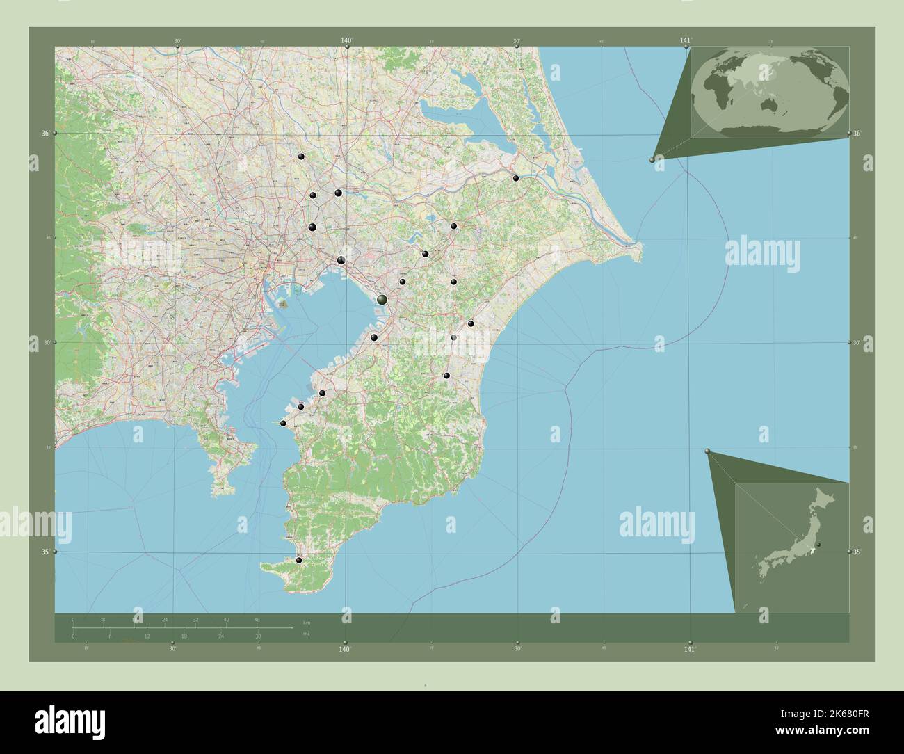 Chiba, prefecture of Japan. Open Street Map. Locations of major cities ...