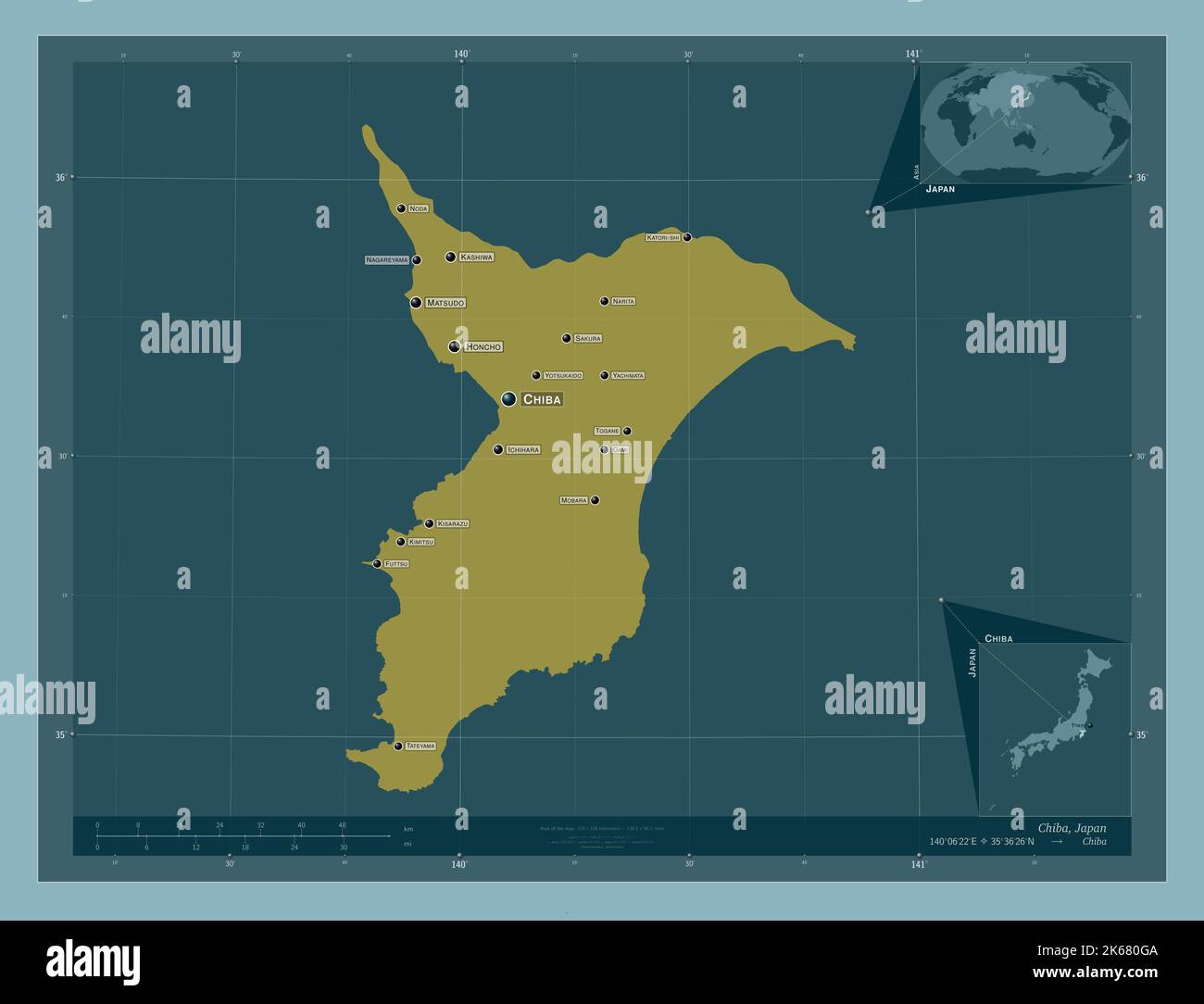 Chiba, prefecture of Japan. Solid color shape. Locations and names of ...
