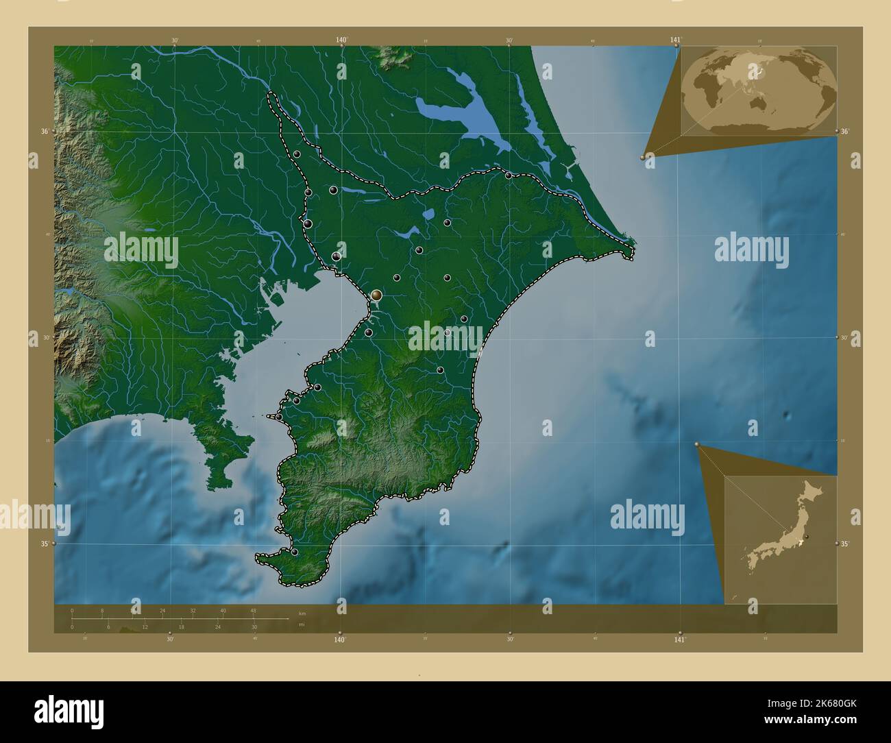 Chiba, prefecture of Japan. Colored elevation map with lakes and rivers ...