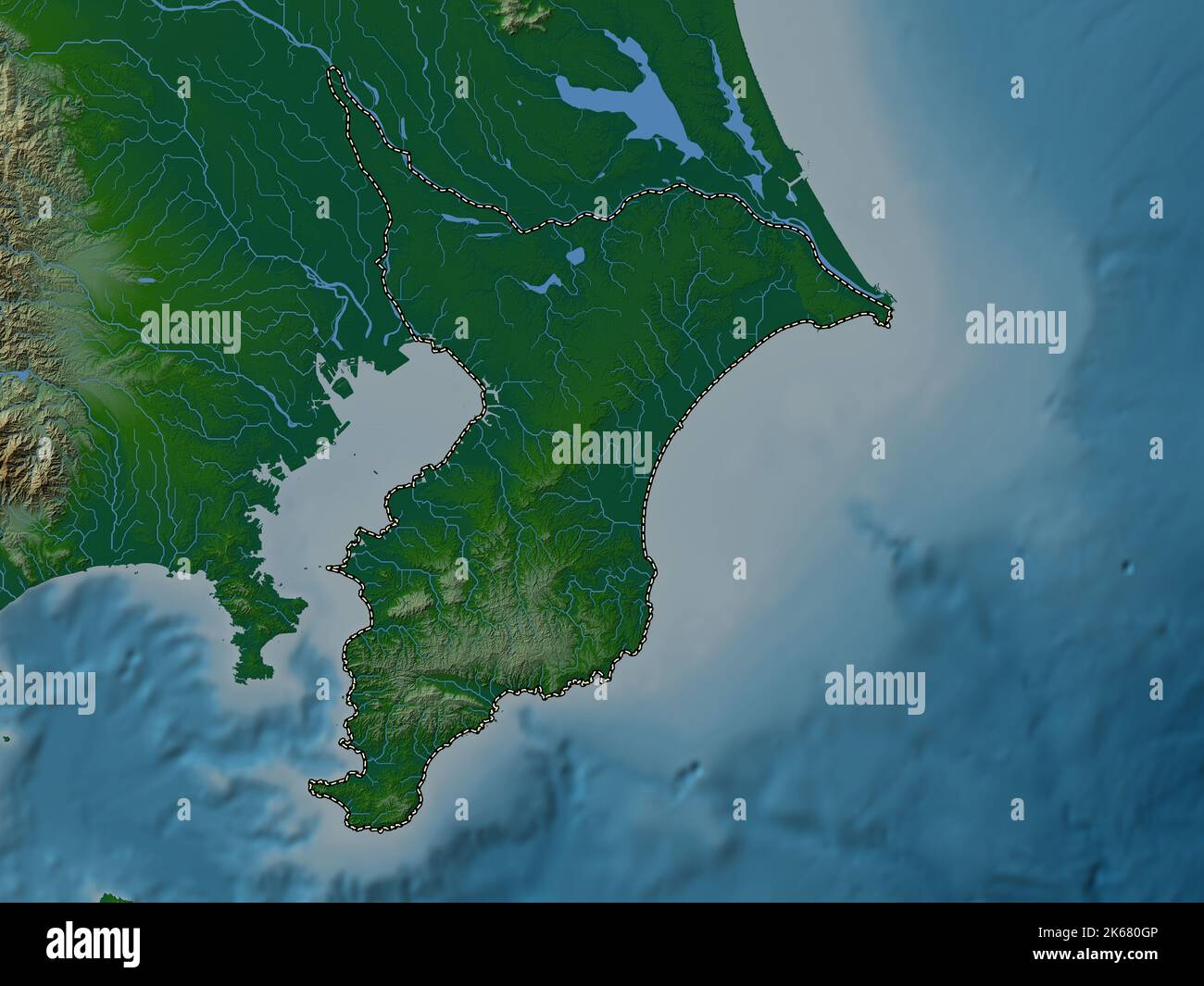 Chiba, prefecture of Japan. Colored elevation map with lakes and rivers ...