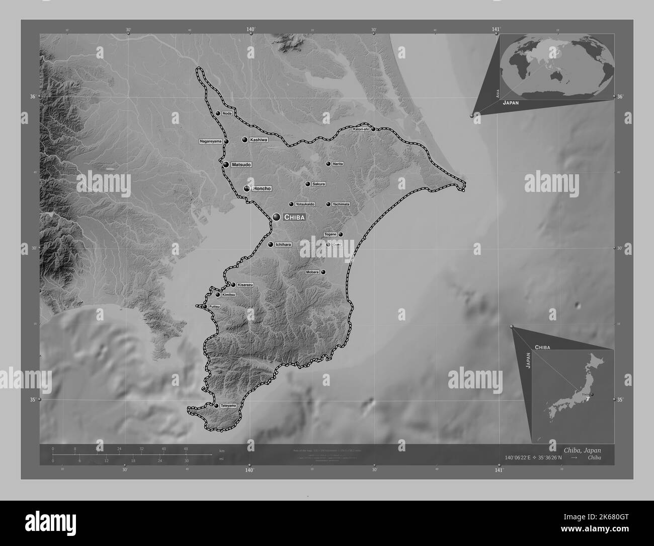 Chiba, prefecture of Japan. Grayscale elevation map with lakes and ...