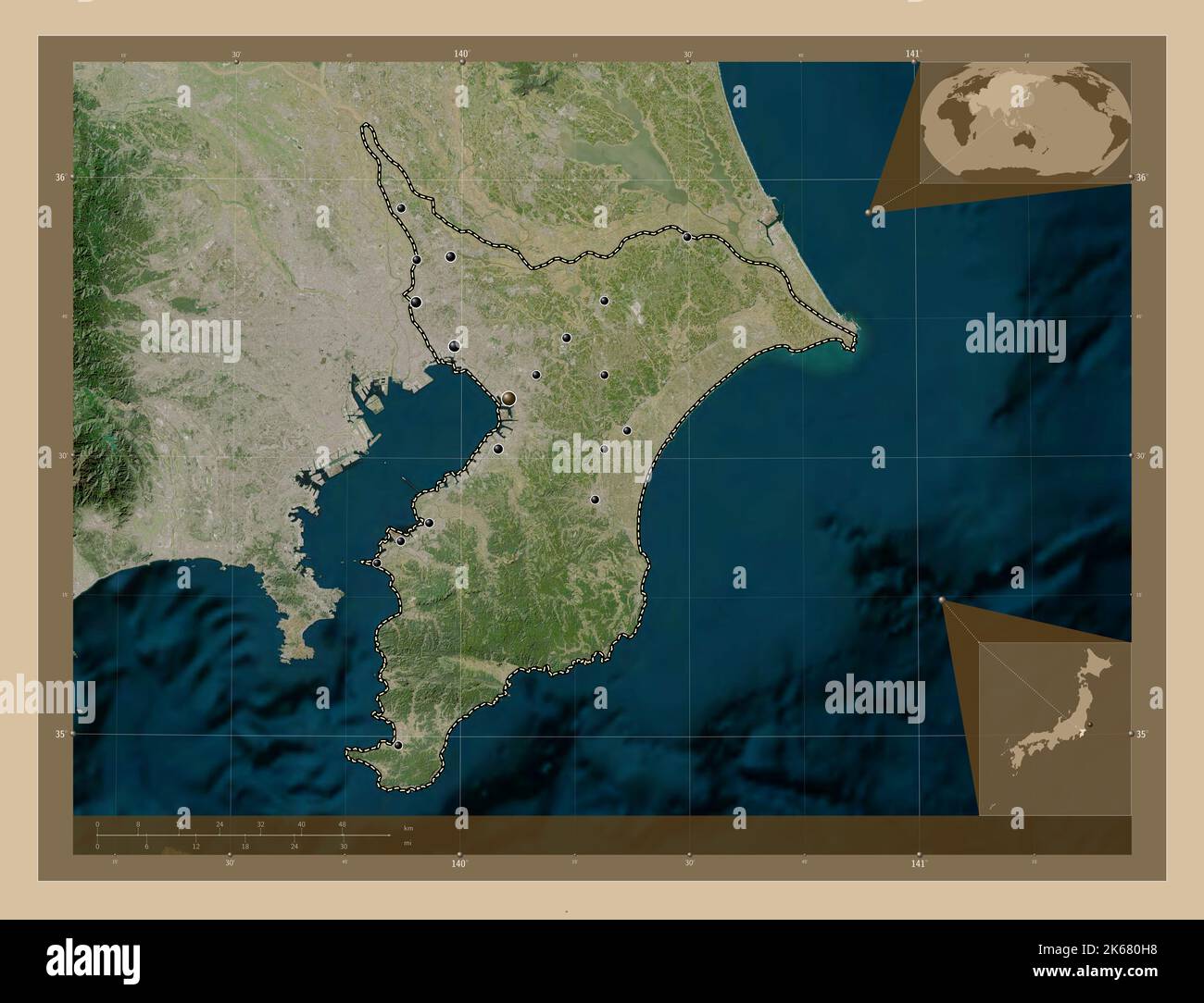 Chiba, prefecture of Japan. Low resolution satellite map. Locations of ...