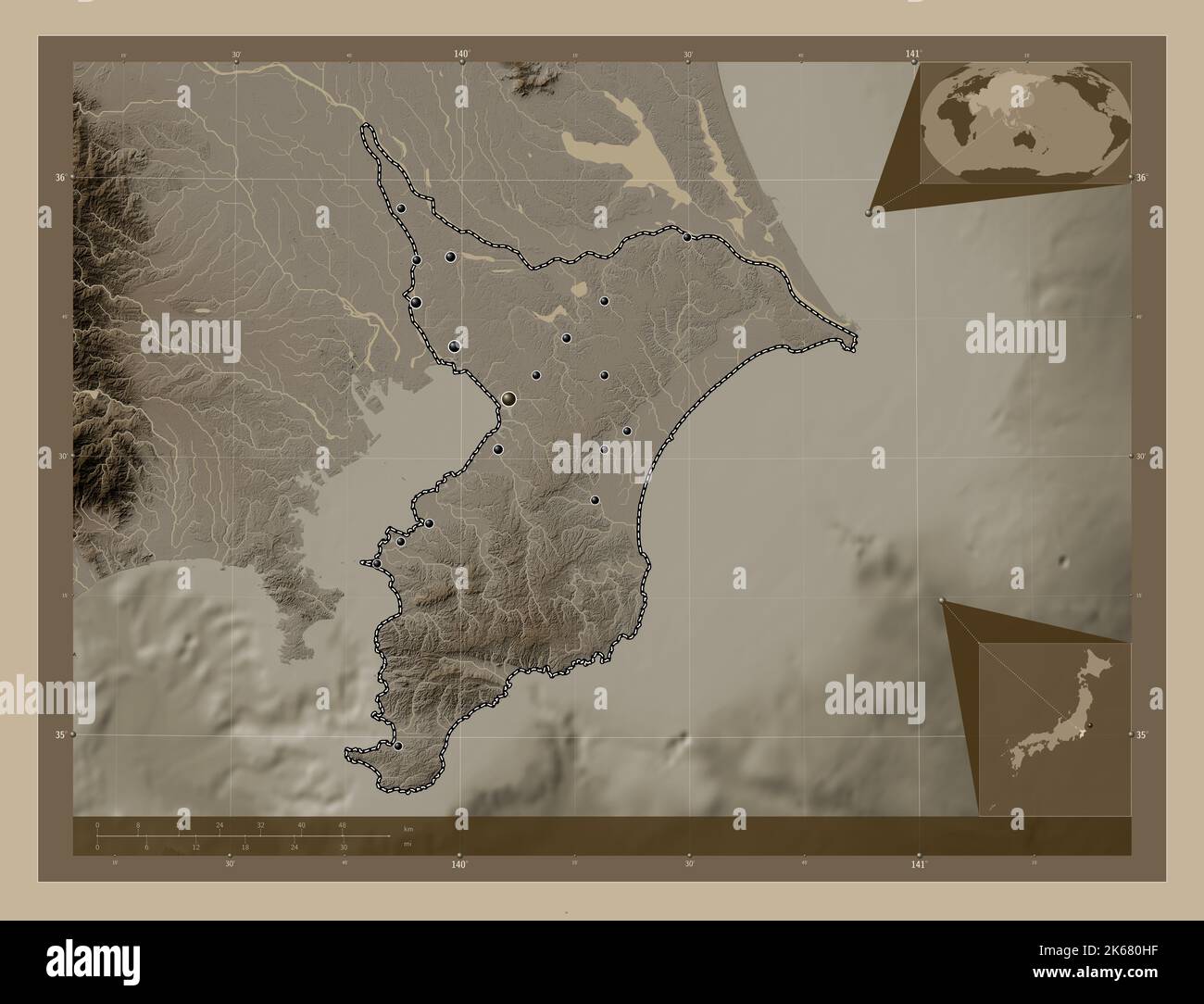Chiba, prefecture of Japan. Elevation map colored in sepia tones with ...