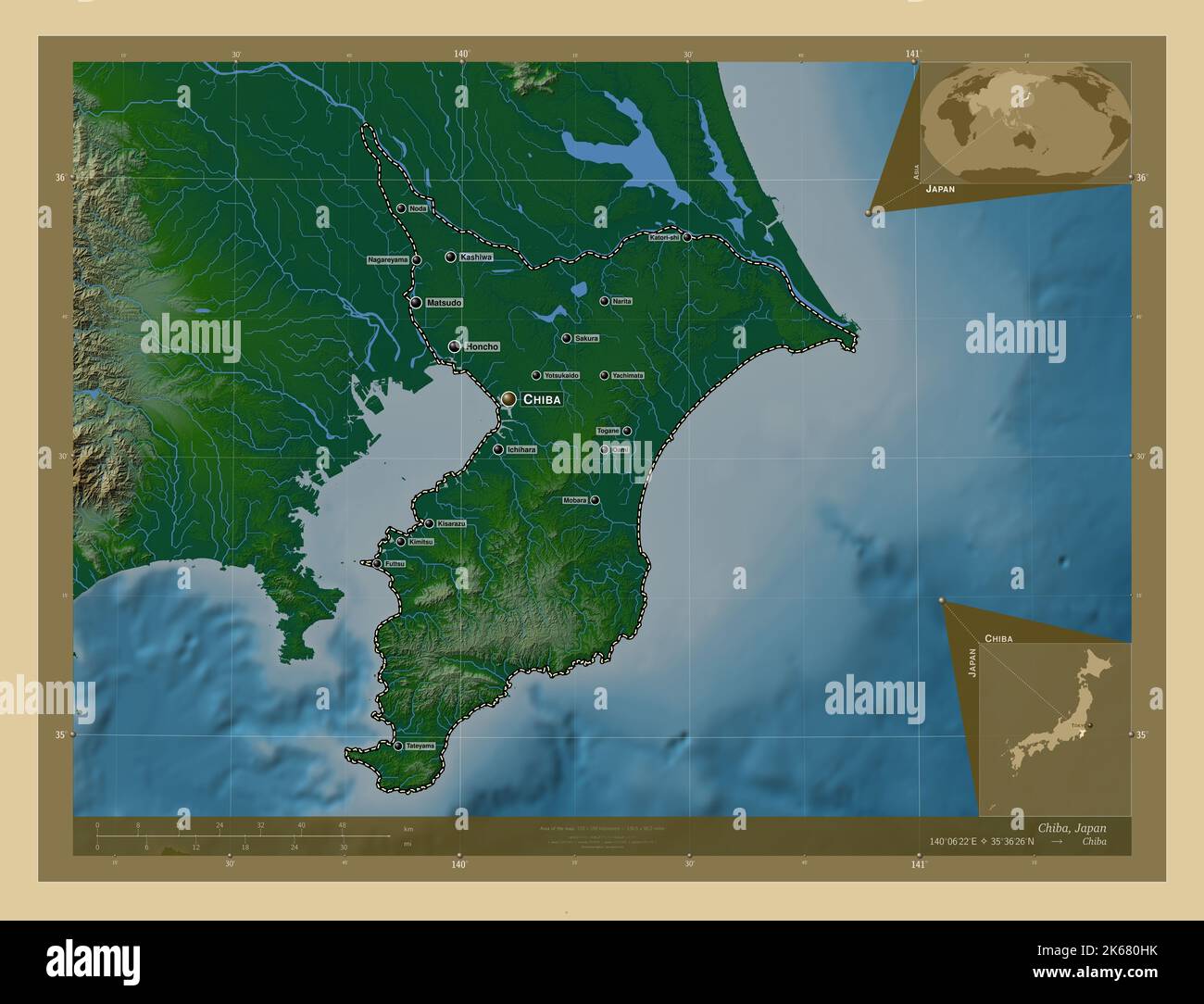 Chiba, prefecture of Japan. Colored elevation map with lakes and rivers ...