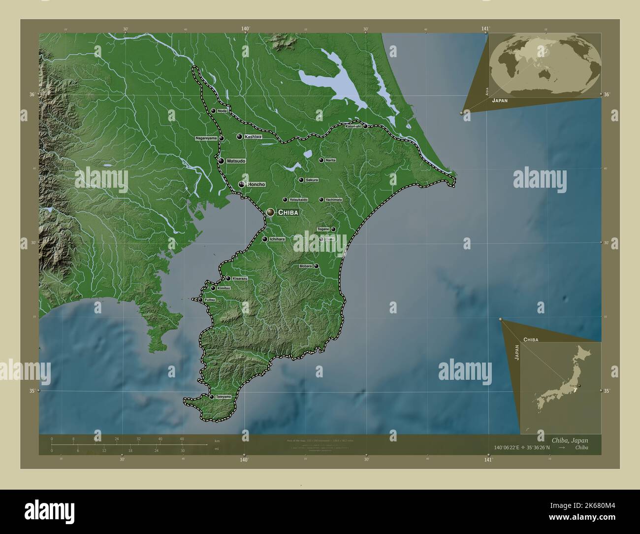 Chiba, prefecture of Japan. Elevation map colored in wiki style with ...