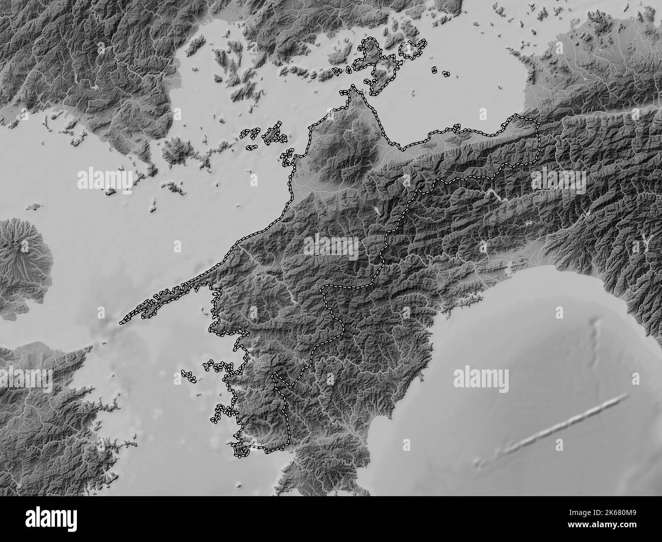 Ehime, prefecture of Japan. Grayscale elevation map with lakes and ...
