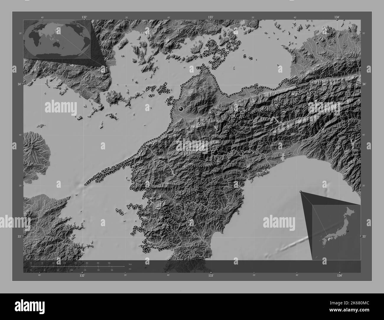 Ehime, prefecture of Japan. Bilevel elevation map with lakes and rivers ...