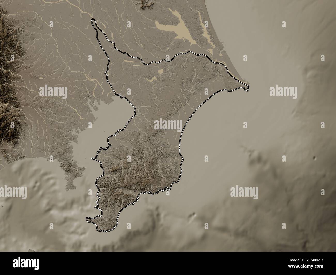 Chiba, prefecture of Japan. Elevation map colored in sepia tones with ...