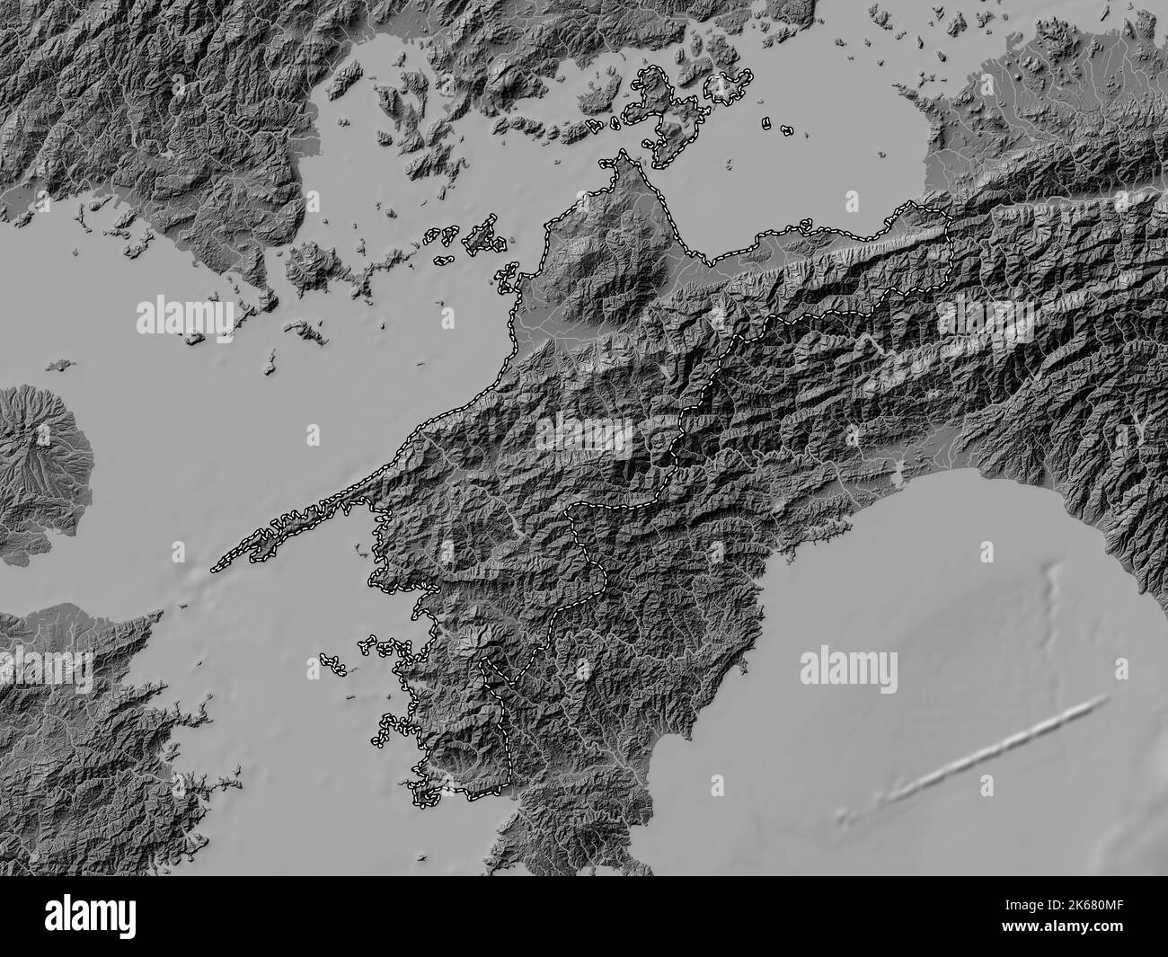 Ehime, prefecture of Japan. Bilevel elevation map with lakes and rivers ...