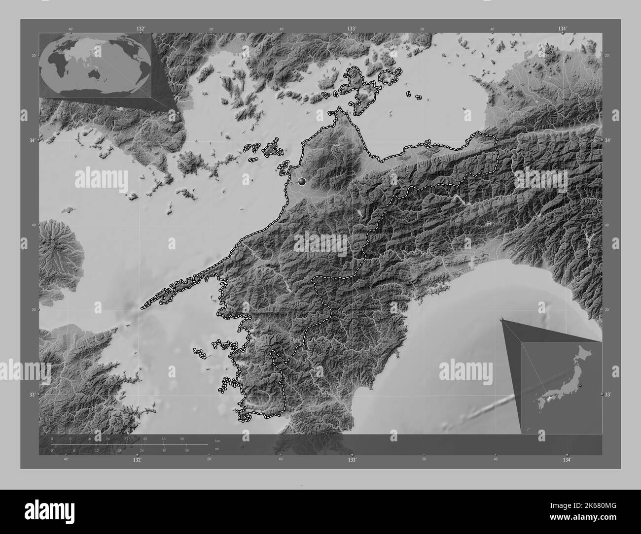 Ehime, prefecture of Japan. Grayscale elevation map with lakes and ...