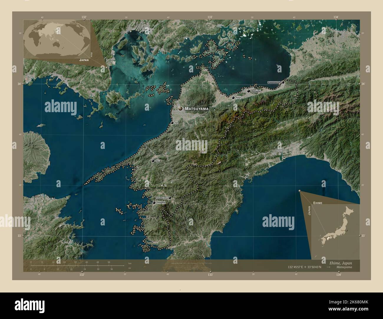 Ehime, prefecture of Japan. High resolution satellite map. Locations ...