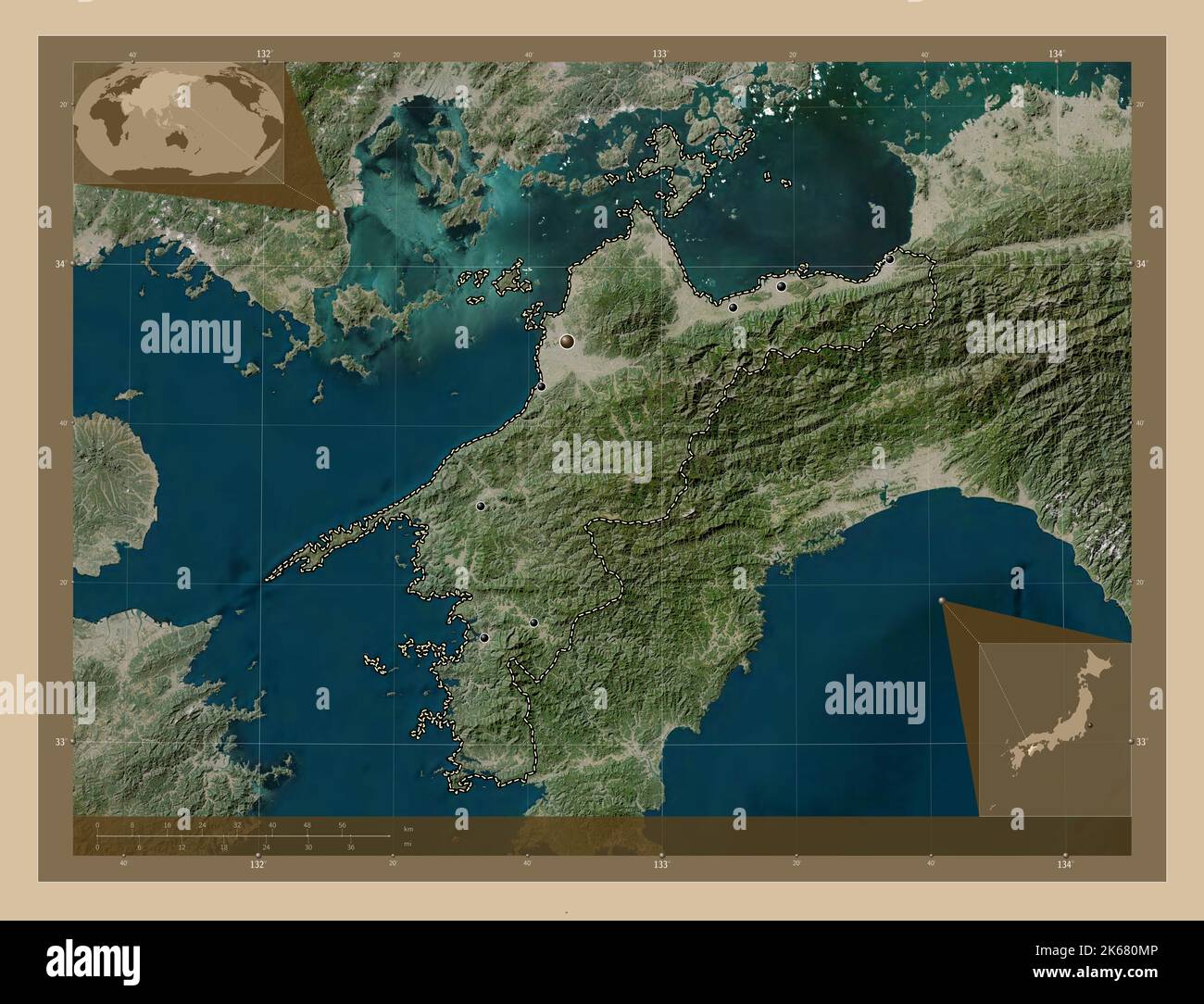 Ehime, prefecture of Japan. Low resolution satellite map. Locations of ...