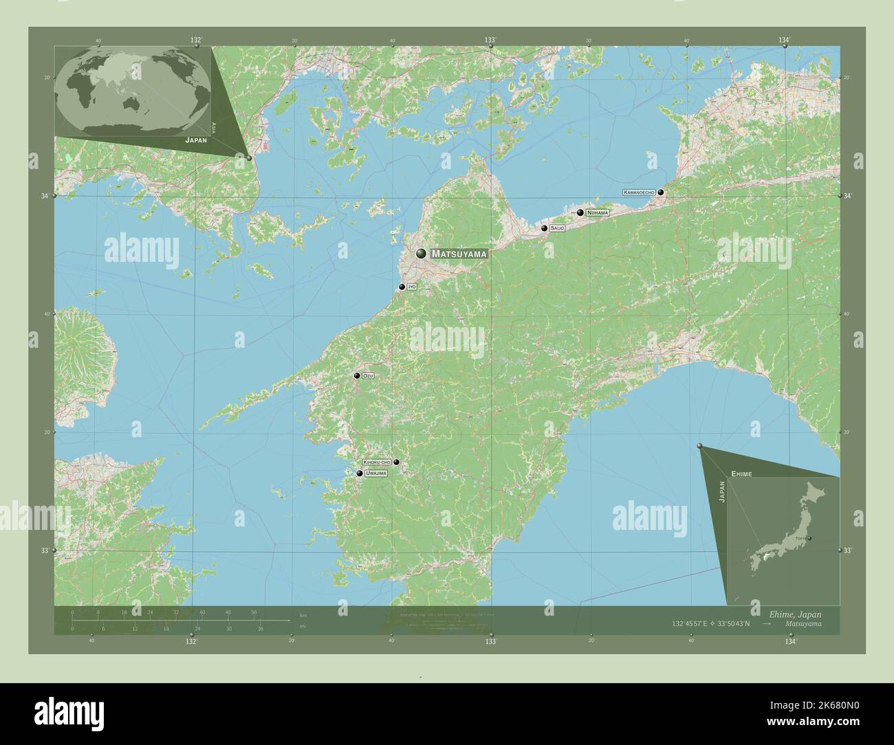 Ehime, prefecture of Japan. Open Street Map. Locations and names of ...