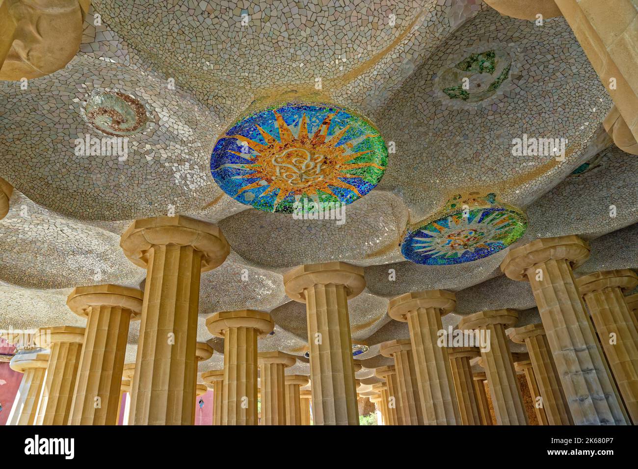 The Hypostylos room at Park Guell, the Antoni Gaudi created design park ...