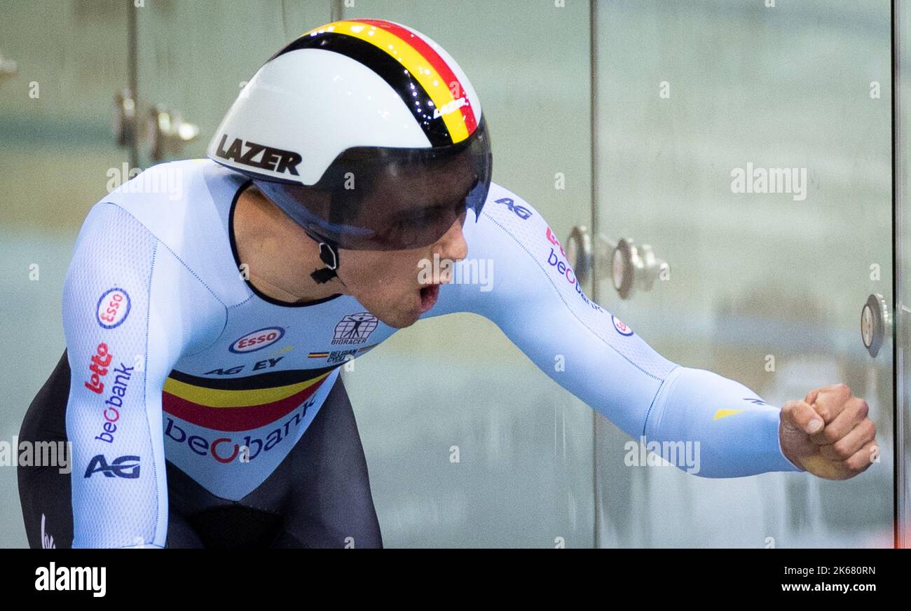 One of the Belgian riders celebrates after the qualifying of the men's ...