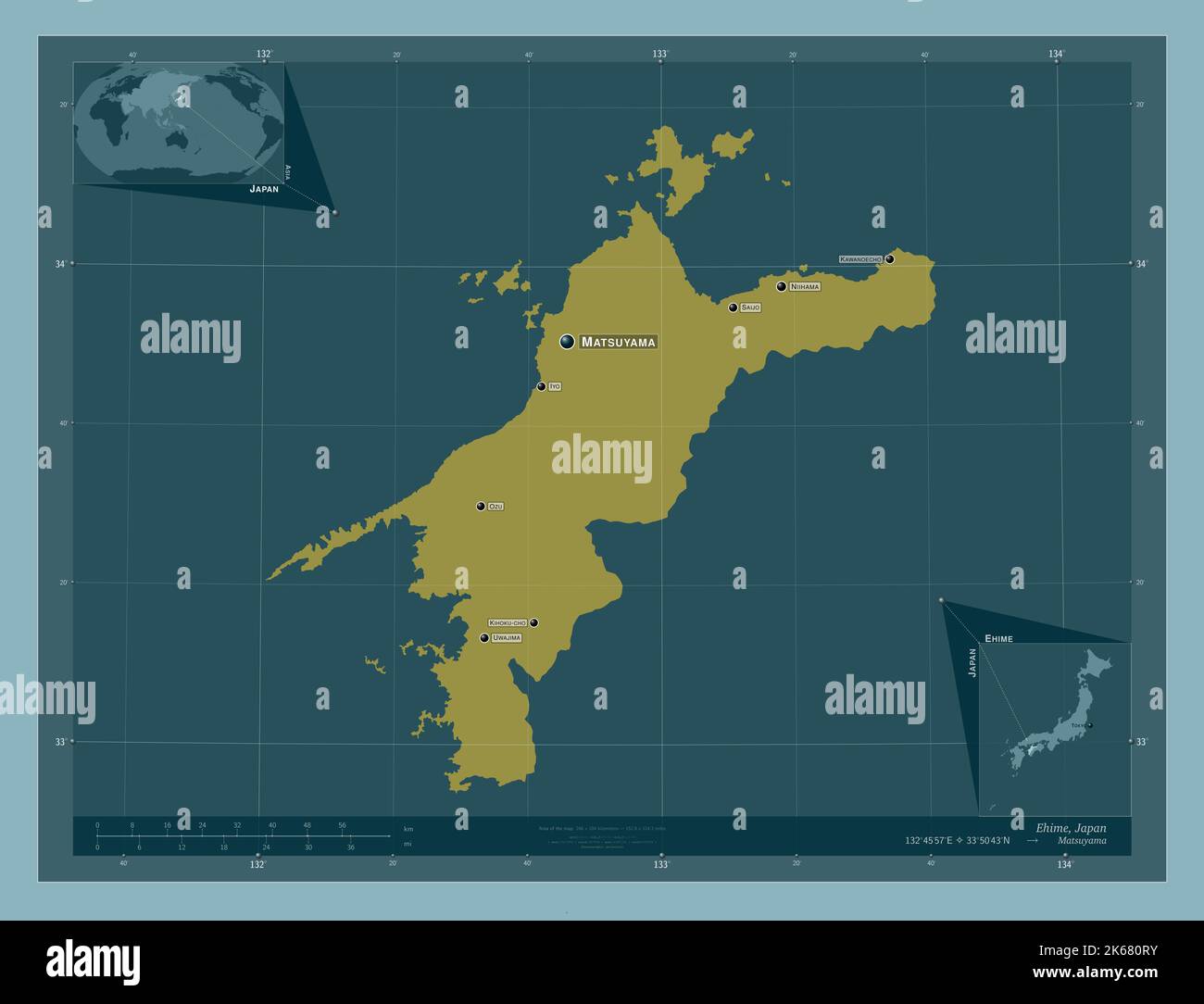 Ehime, prefecture of Japan. Solid color shape. Locations and names of ...