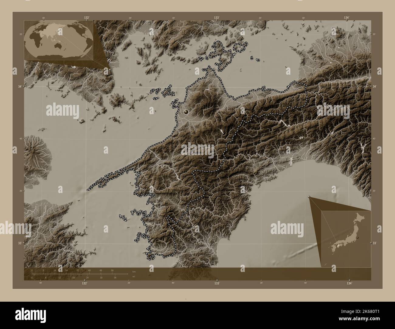 Ehime, prefecture of Japan. Elevation map colored in sepia tones with ...