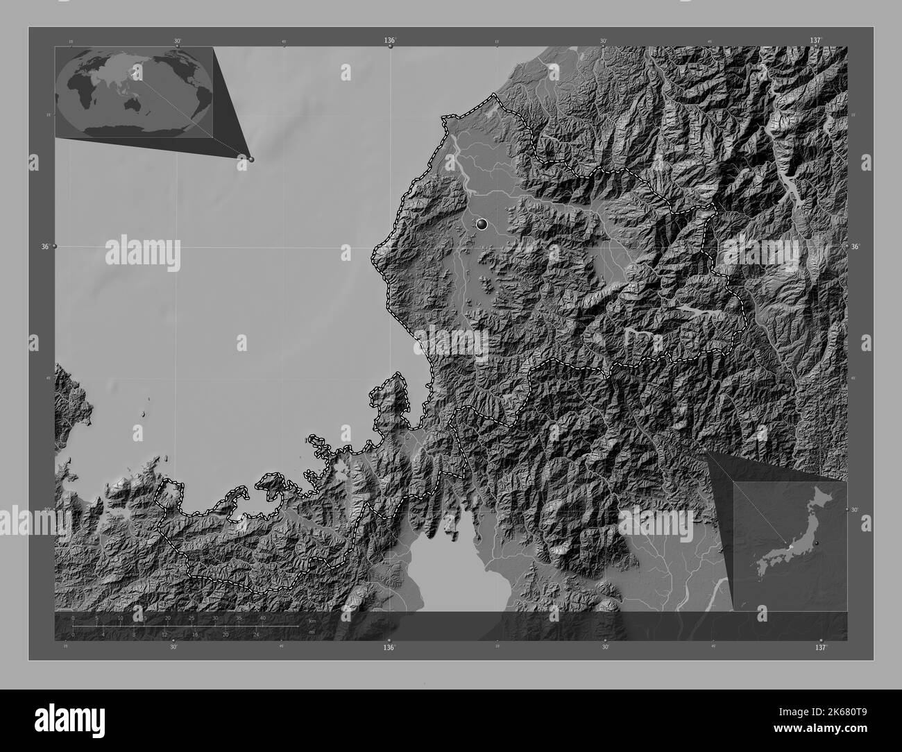 Fukui, prefecture of Japan. Bilevel elevation map with lakes and rivers ...