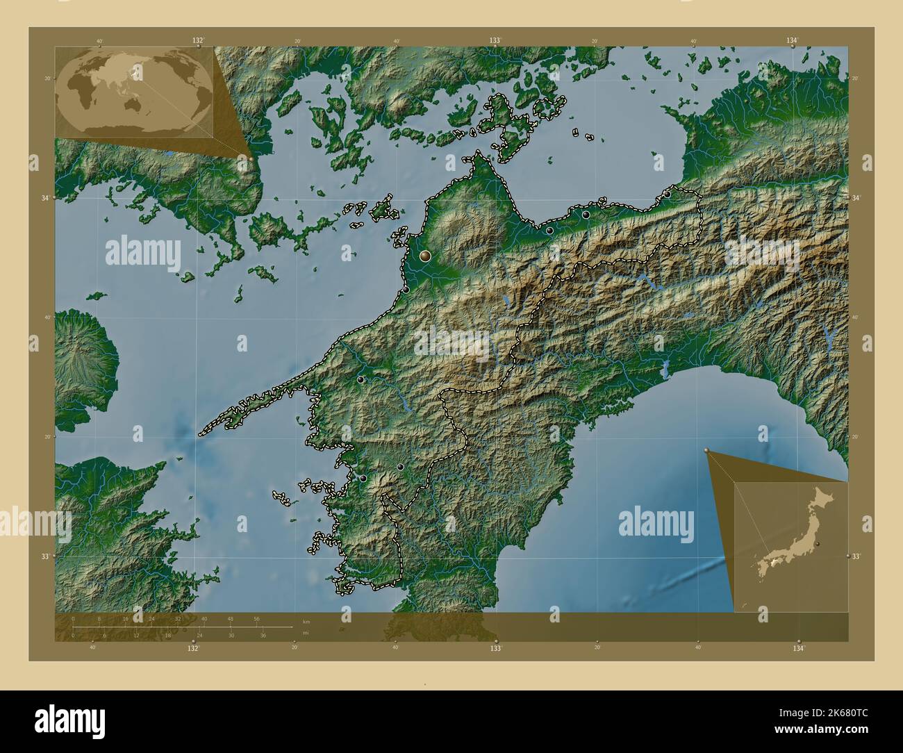 Ehime, prefecture of Japan. Colored elevation map with lakes and rivers ...
