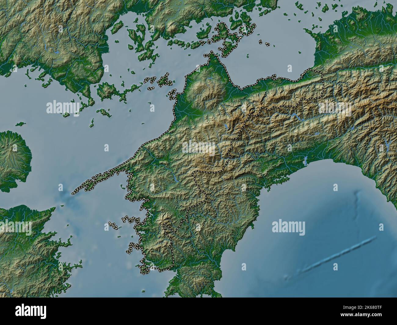 Ehime, prefecture of Japan. Colored elevation map with lakes and rivers ...