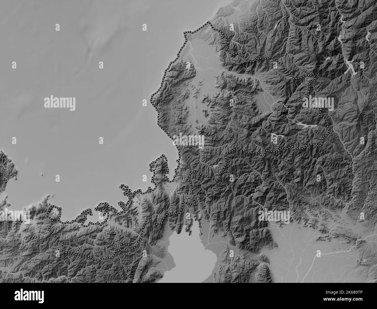 Fukui, prefecture of Japan. Grayscale elevation map with lakes and ...