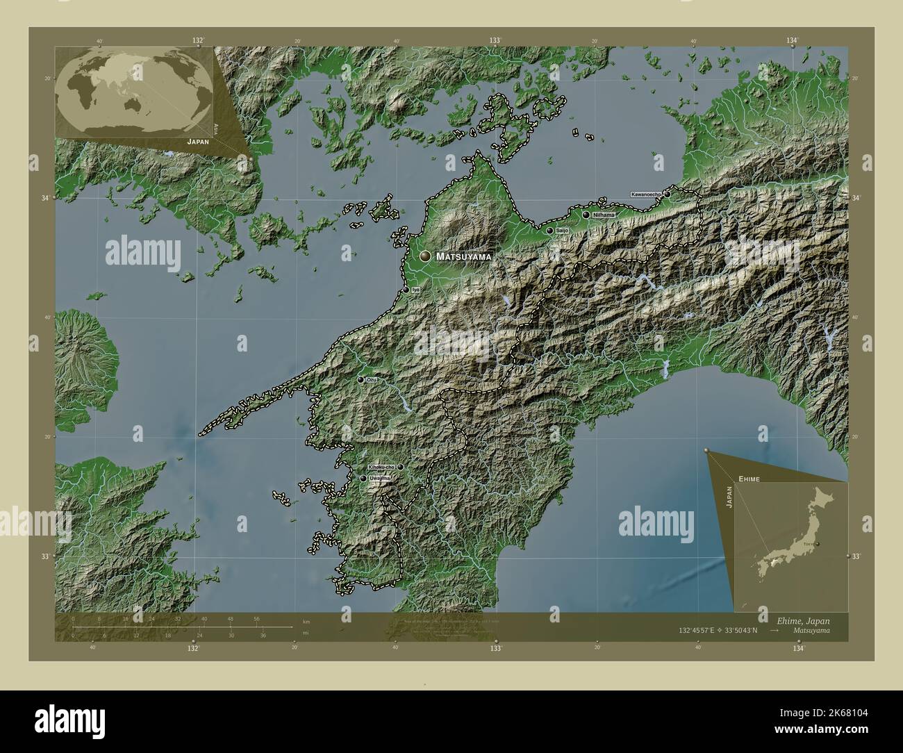 Ehime Prefecture Of Japan Elevation Map Colored In Wiki Style With Lakes And Rivers Locations