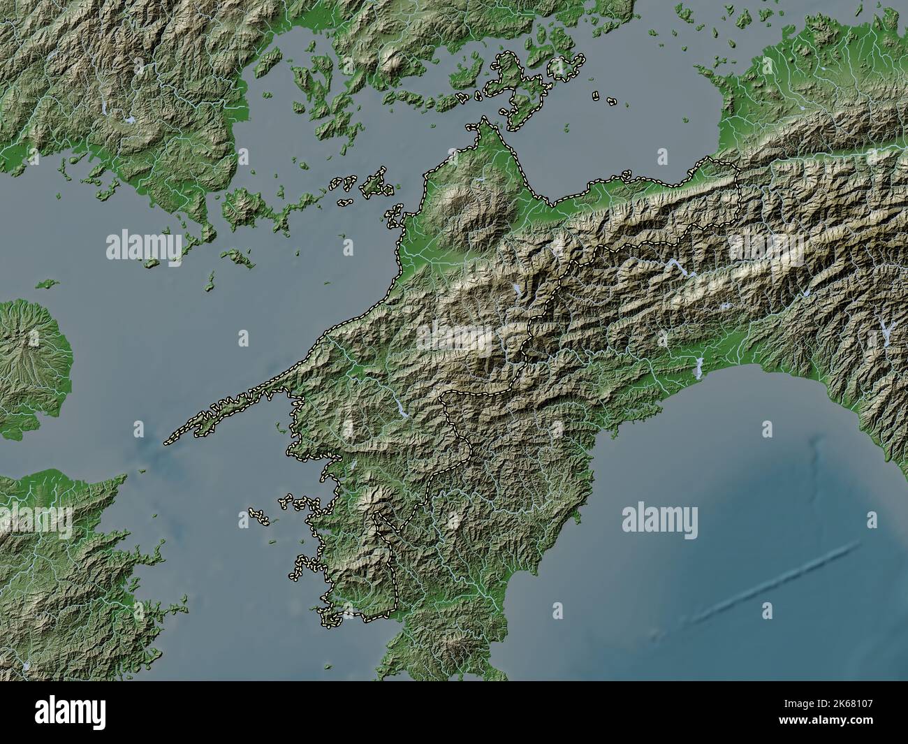 Ehime, prefecture of Japan. Elevation map colored in wiki style with ...