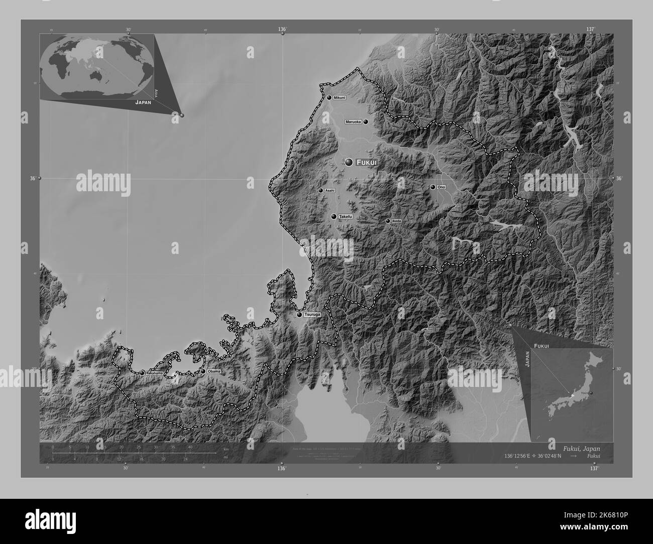 Fukui, prefecture of Japan. Grayscale elevation map with lakes and ...