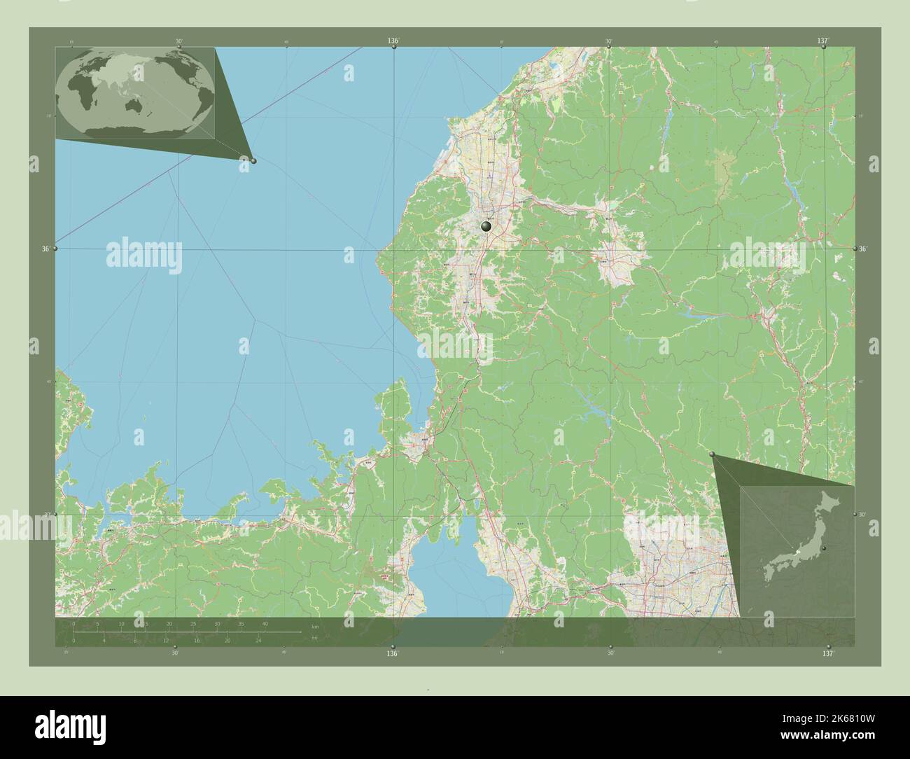 Fukui, prefecture of Japan. Open Street Map. Corner auxiliary location ...