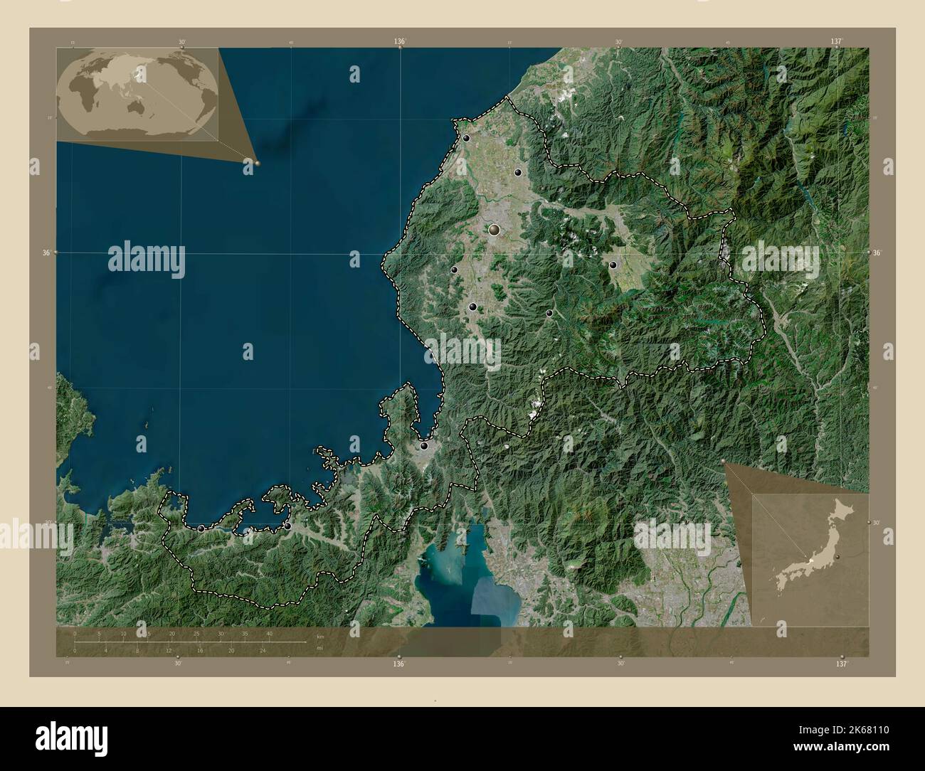 Fukui, prefecture of Japan. High resolution satellite map. Locations of ...