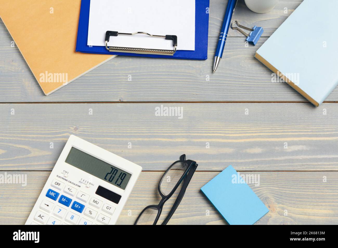 Work place with office stationery close up top view Stock Photo - Alamy