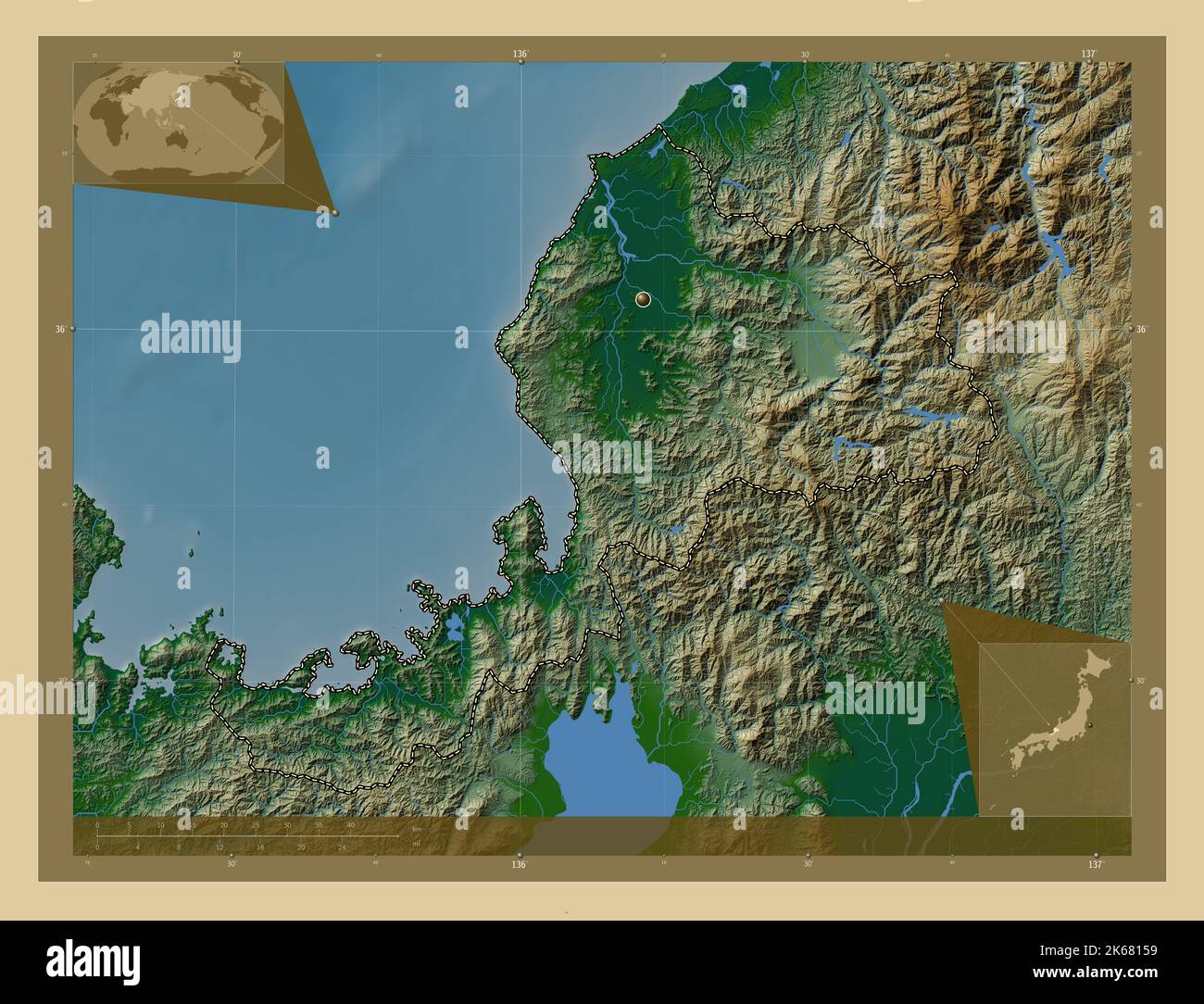 Fukui, prefecture of Japan. Colored elevation map with lakes and rivers ...
