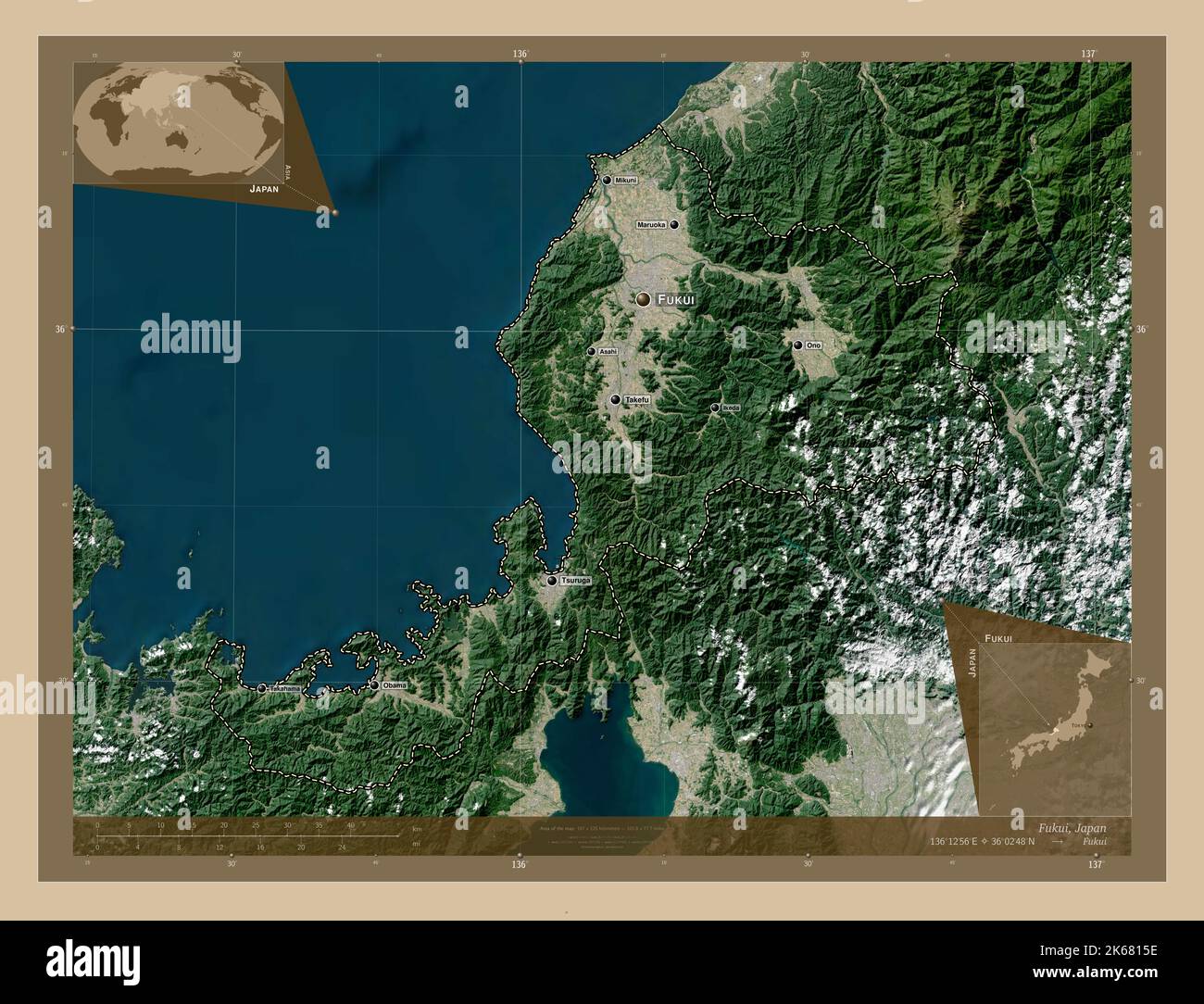 Fukui, prefecture of Japan. Low resolution satellite map. Locations and names of major cities of ...