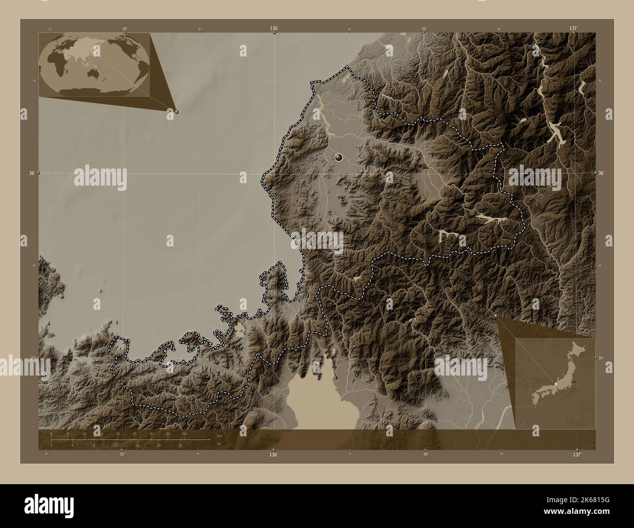 Fukui, prefecture of Japan. Elevation map colored in sepia tones with ...