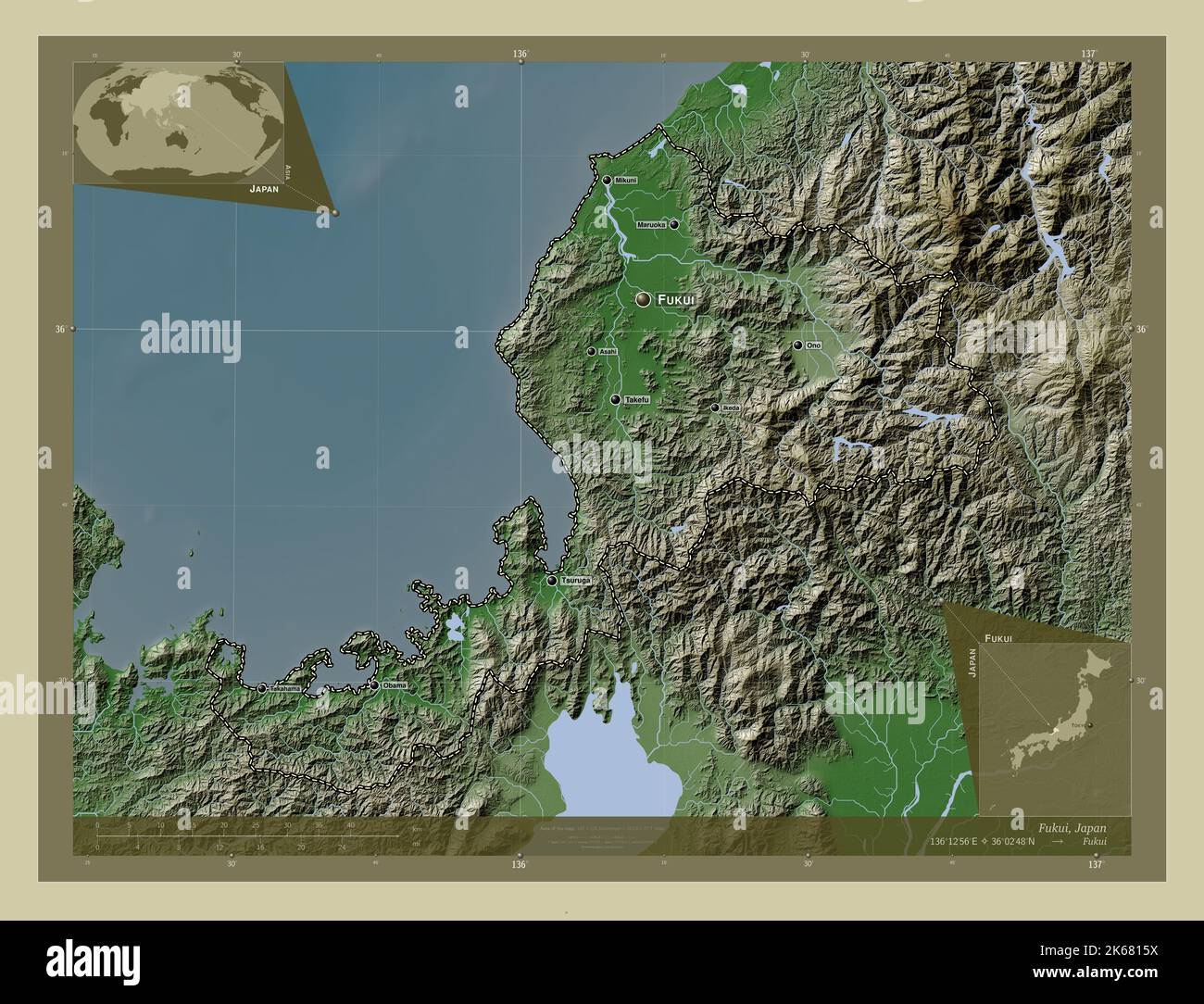 Fukui, prefecture of Japan. Elevation map colored in wiki style with ...