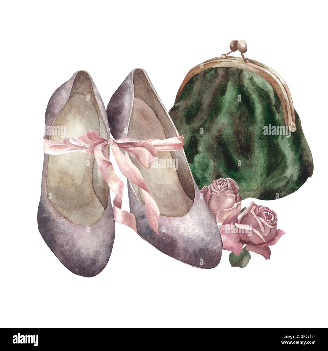 Handbag, flowers, shoes. Watercolor. Isolated. For advertising, banners ...