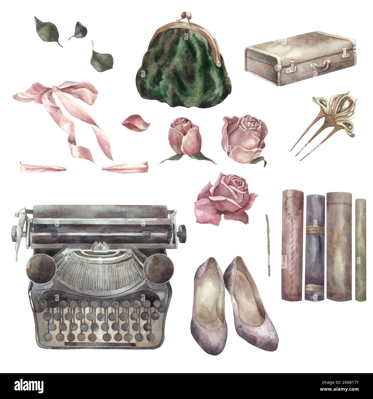 Items in retro style. Made in watercolor by hand. Isolates. For ...