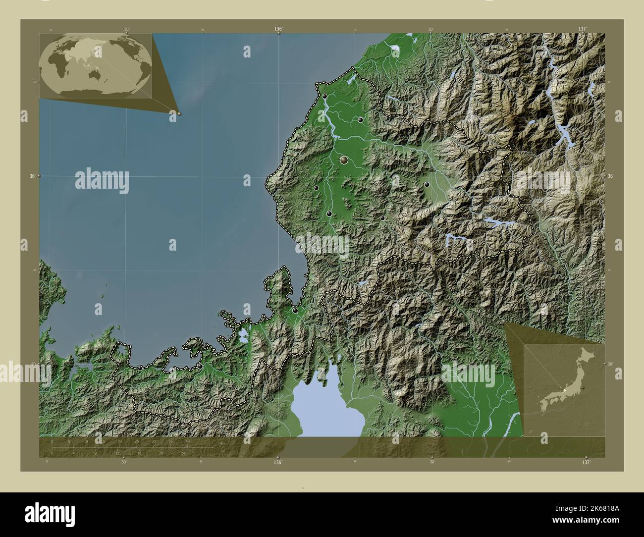Fukui, prefecture of Japan. Elevation map colored in wiki style with lakes and rivers. Locations ...