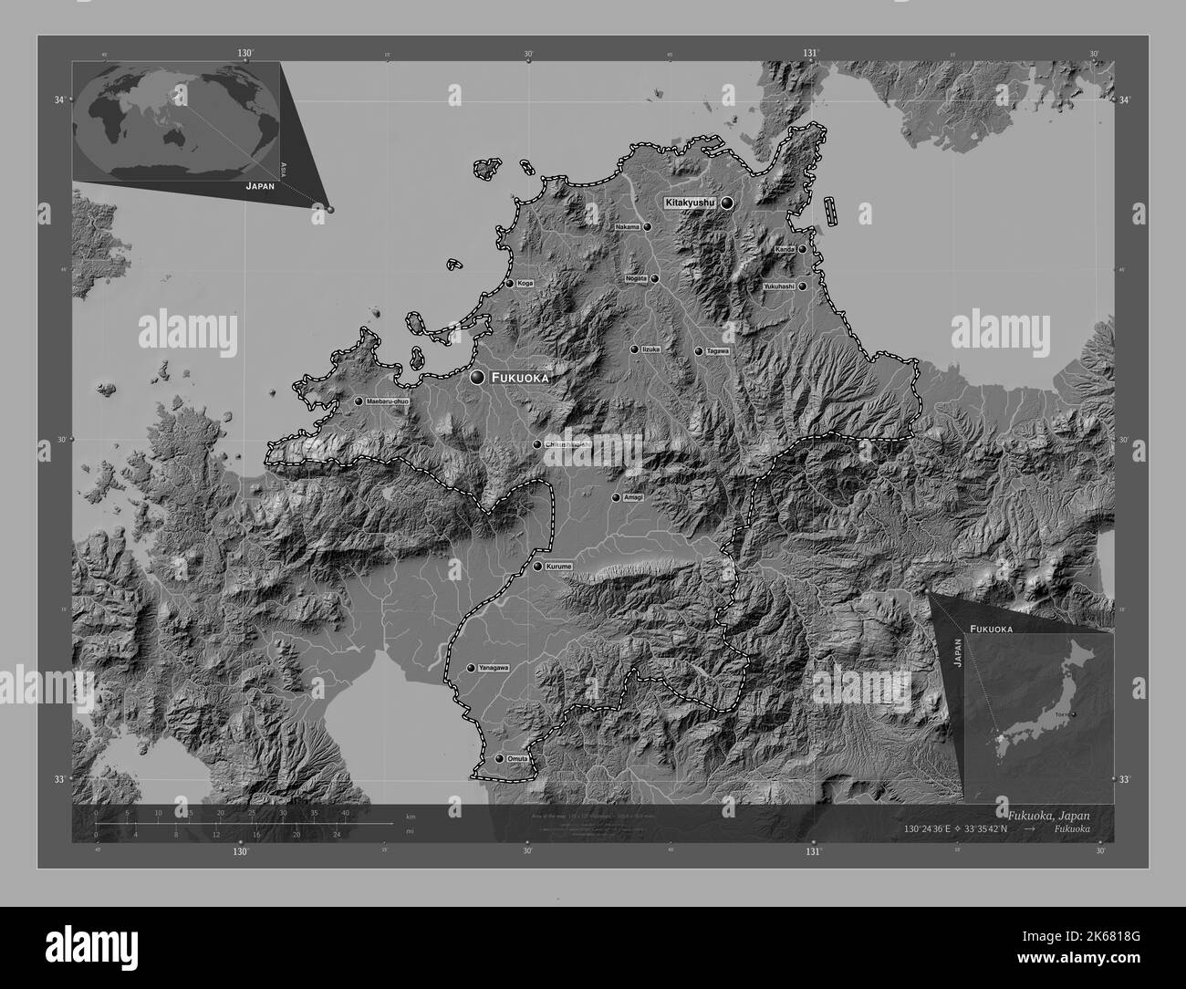 Fukuoka, prefecture of Japan. Bilevel elevation map with lakes and ...