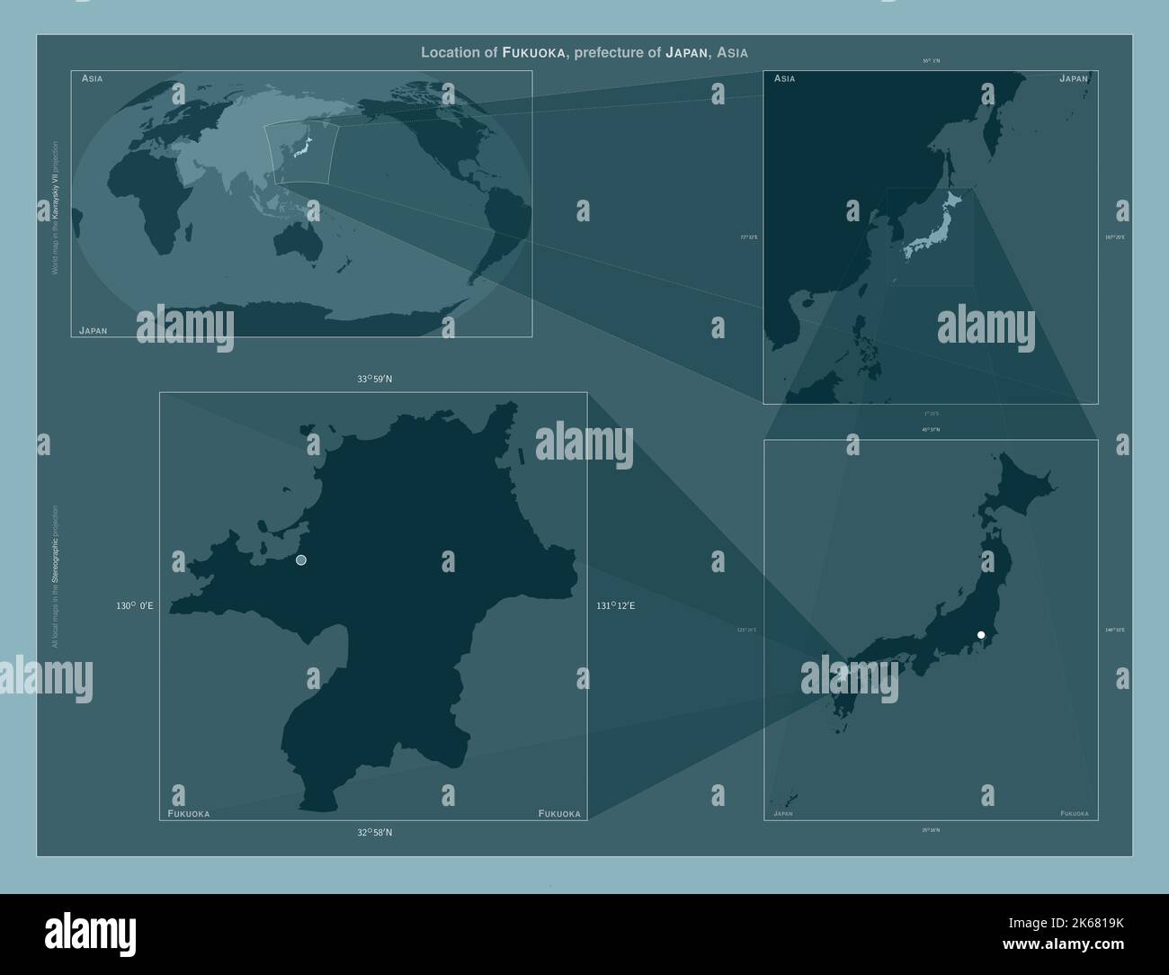 Fukuoka, prefecture of Japan. Diagram showing the location of the region on larger-scale maps ...