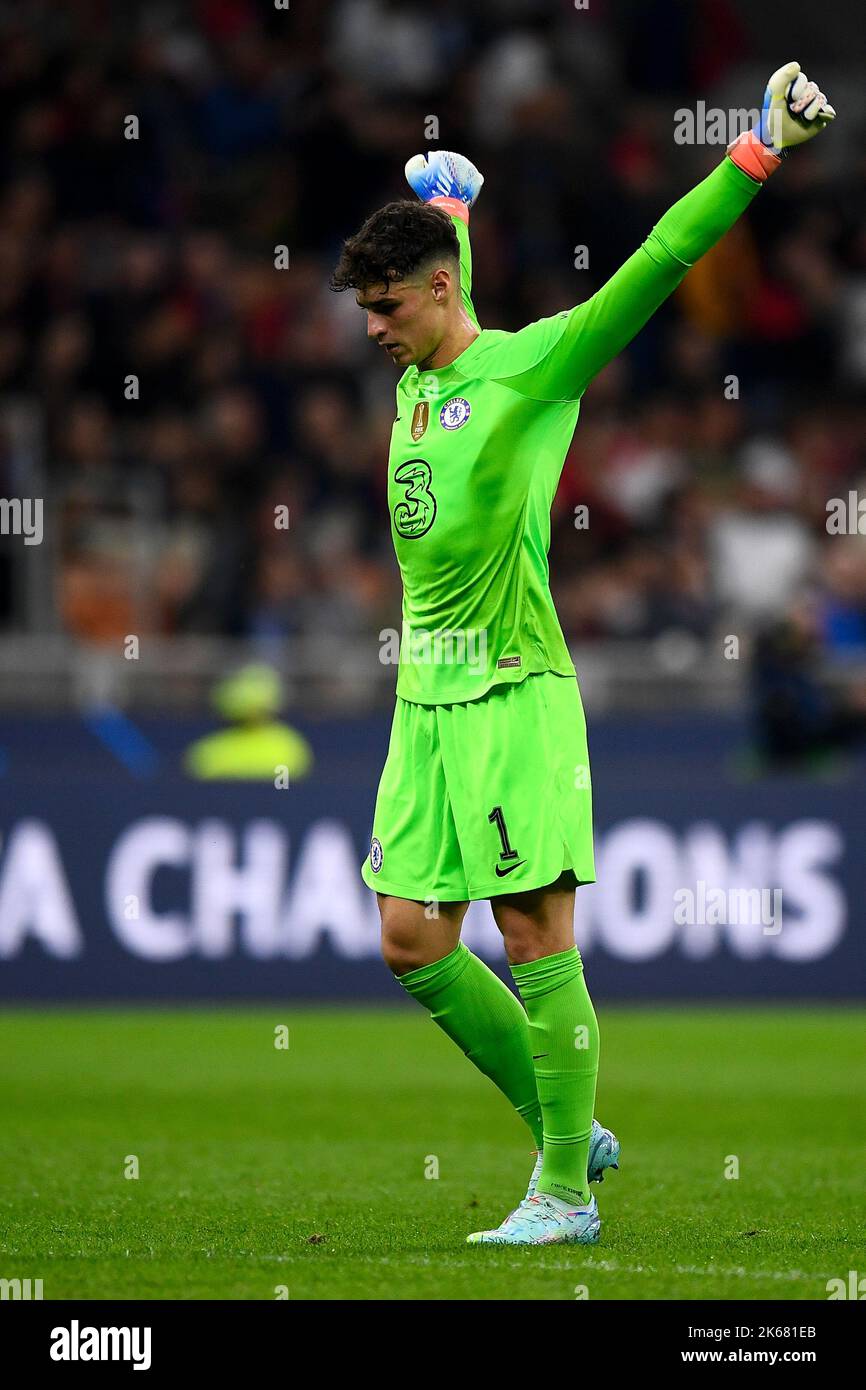 Milan, Italy. 11 October 2022. Kepa Arrizabalaga of Chelsea FC gestures ...